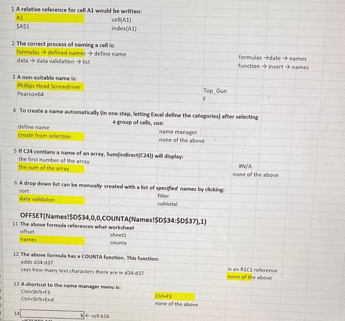 Solved O 1 A relative reference for cell A1 would be | Chegg.com
