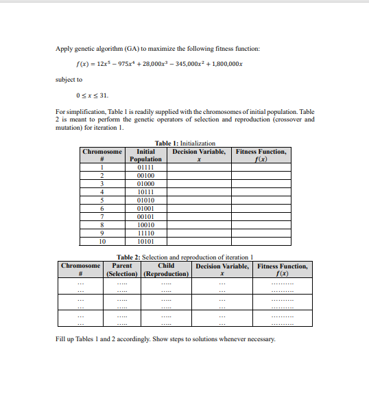 Solved Apply genetic algorithm (GA) ﻿to maximize the | Chegg.com