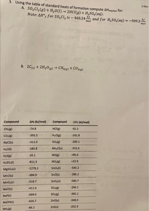 Solved Using the table of standard heats of formation | Chegg.com