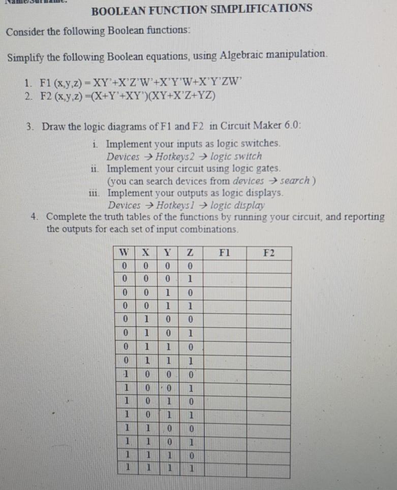Solved BOOLEAN FUNCTION SIMPLIFICATIONS Consider the | Chegg.com