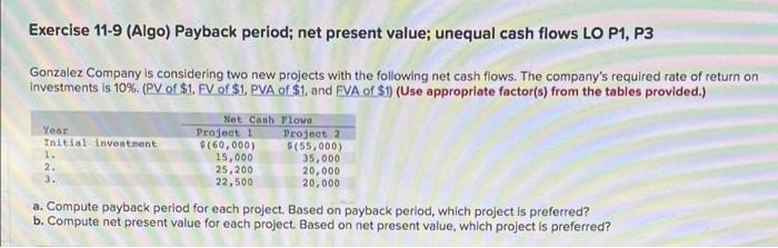 Solved Exercise 11-9 (Algo) Payback period; net present | Chegg.com