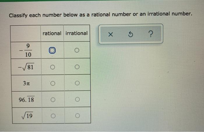 Solved Classify each number below as a rational number or an | Chegg.com