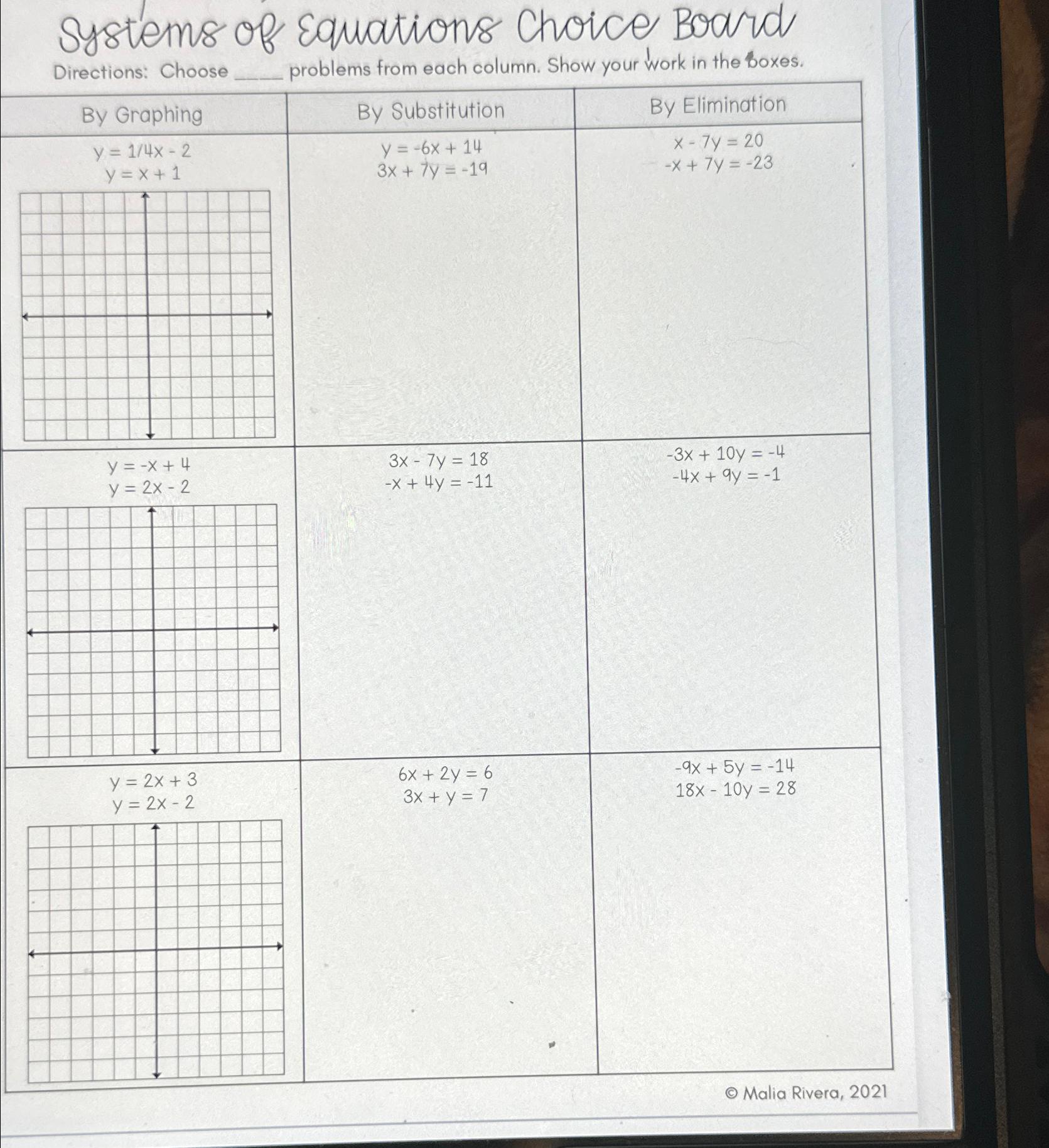 Solved systems of Equations Choice BoardDirections: Choose | Chegg.com