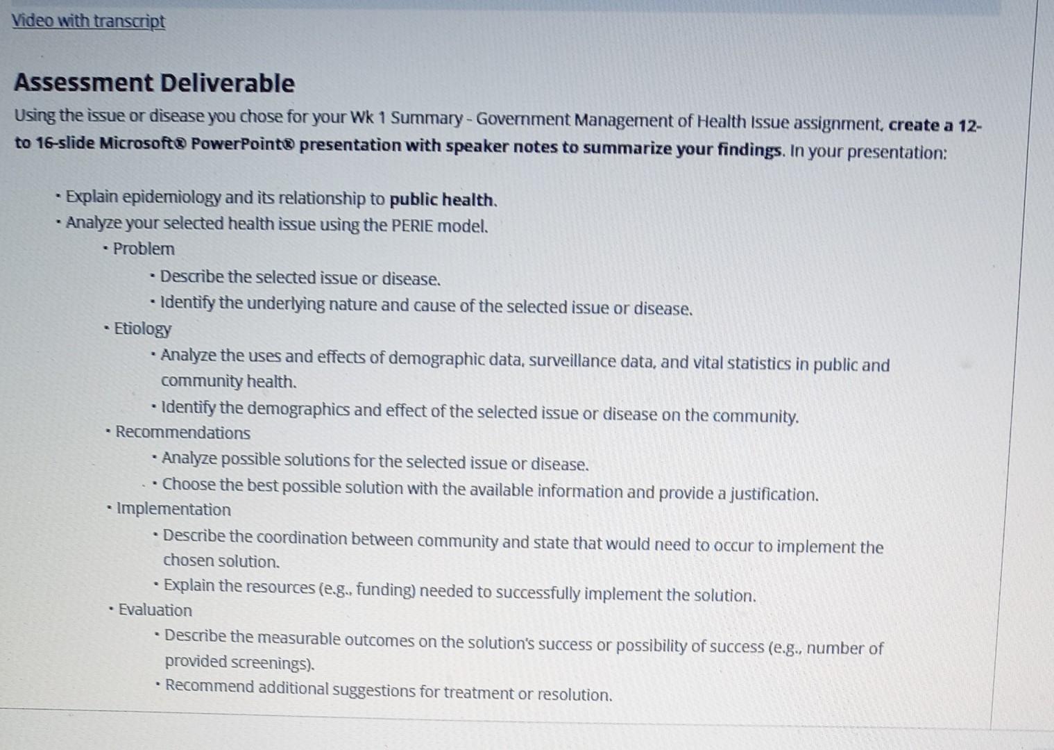 Solved Assessment Deliverable Using the issue or disease you | Chegg.com