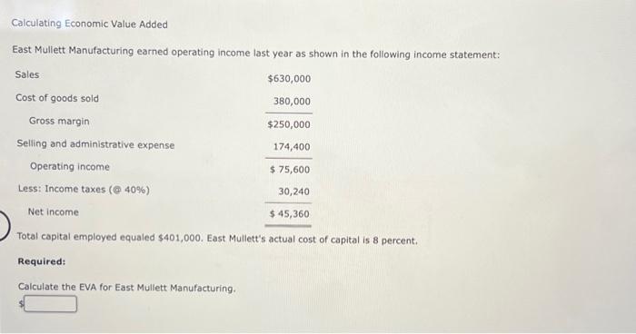 Solved Calculating Economic Value Added East Mullett | Chegg.com