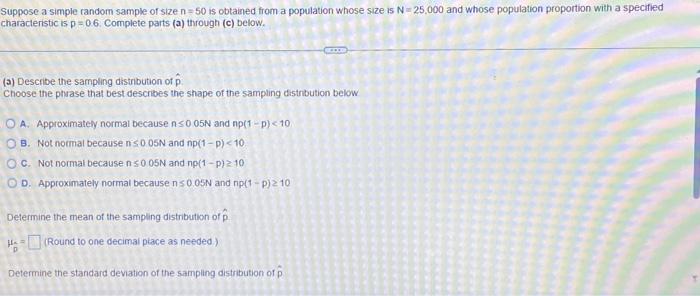 Solved Suppose a simple random sample of size n=50 is | Chegg.com