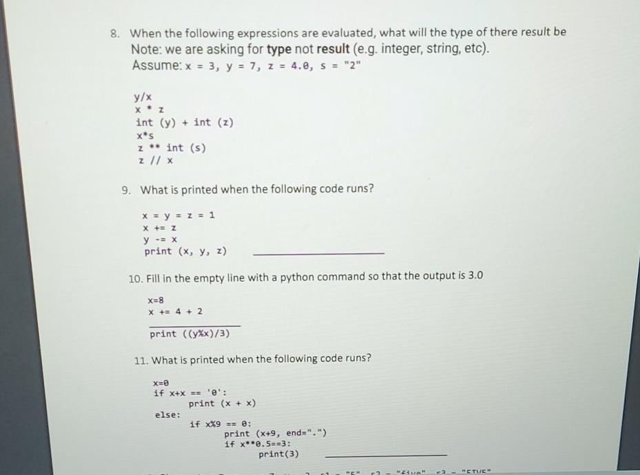 Solved 8. When the following expressions are evaluated, what | Chegg.com