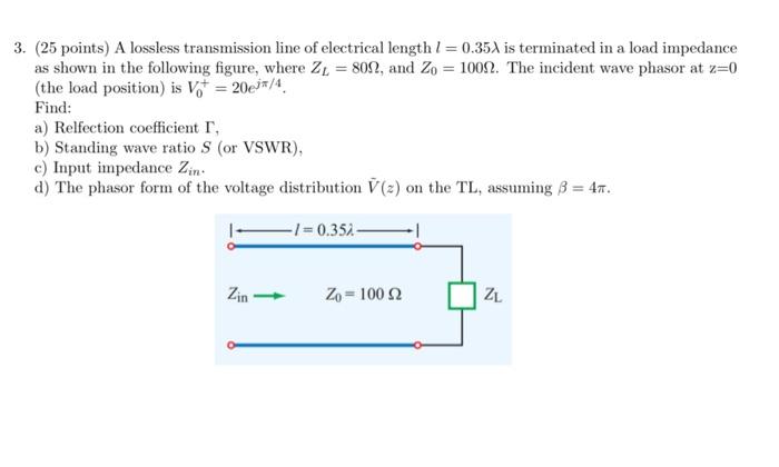 Solved 3. (25 points) A lossless transmission line of | Chegg.com