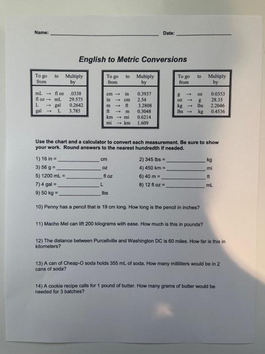Solved English to Metric Conversions Use the chart and a | Chegg.com