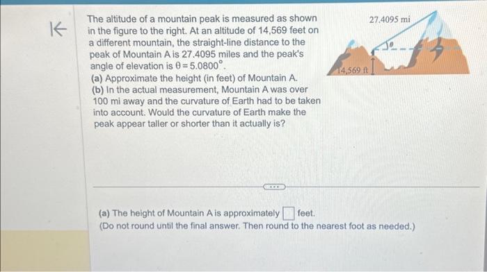 Solved The altitude of a mountain peak is measured as shown | Chegg.com
