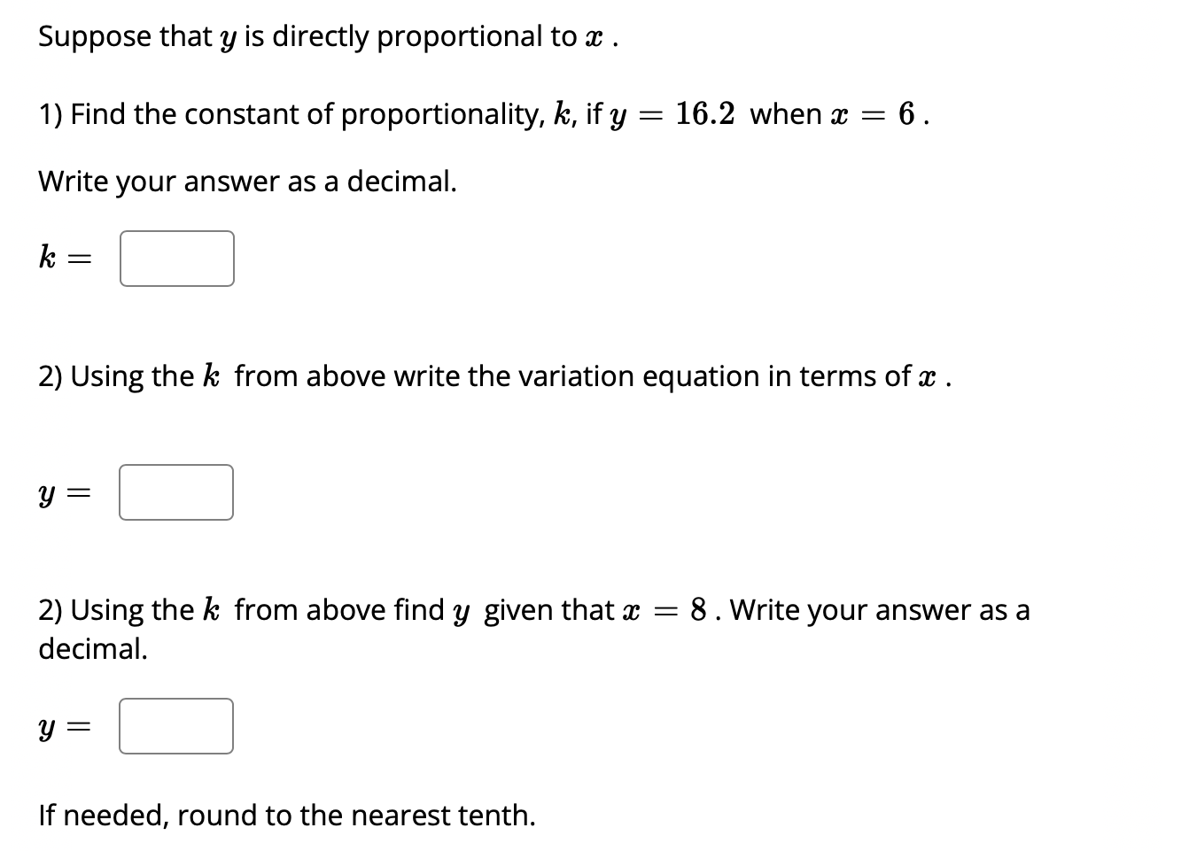 Solved Suppose that y ﻿is directly proportional to x.Find | Chegg.com
