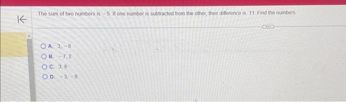 Solved The sum of two numbers is - 5 . If one number is | Chegg.com