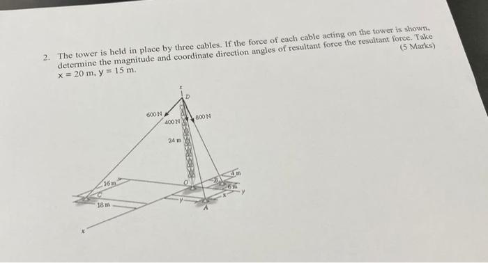 Solved 2. The tower is held in place by three cables. If the | Chegg.com