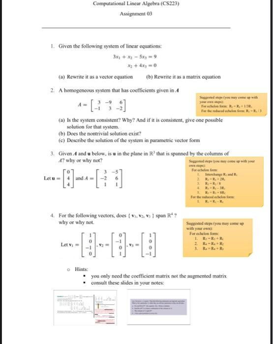 Solved 1. Given the following system of linear equations: | Chegg.com