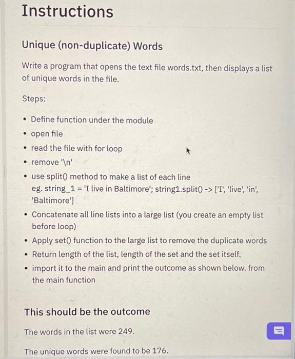 Solved Instructions Unique (non-duplicate) Words Write a | Chegg.com