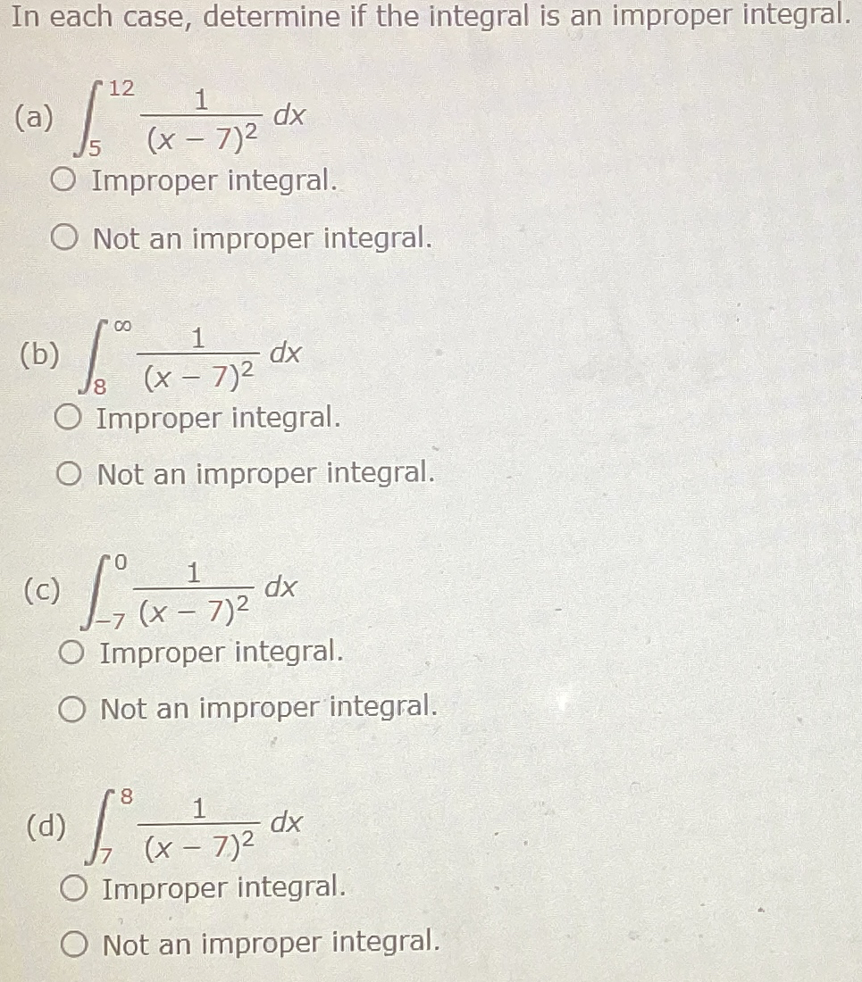 Solved In each case, determine if the integral is an | Chegg.com