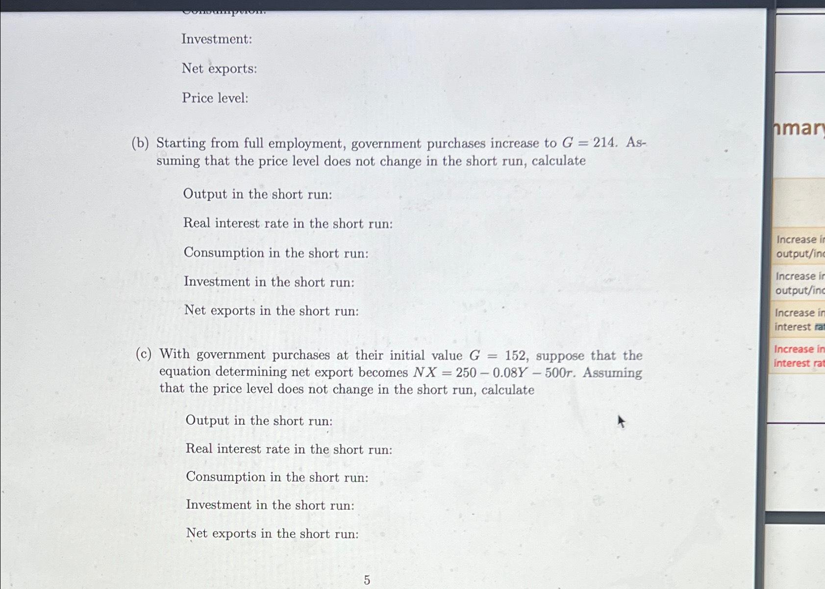 Solved Investment:Net exports:Price level:(b) ﻿Starting from | Chegg.com