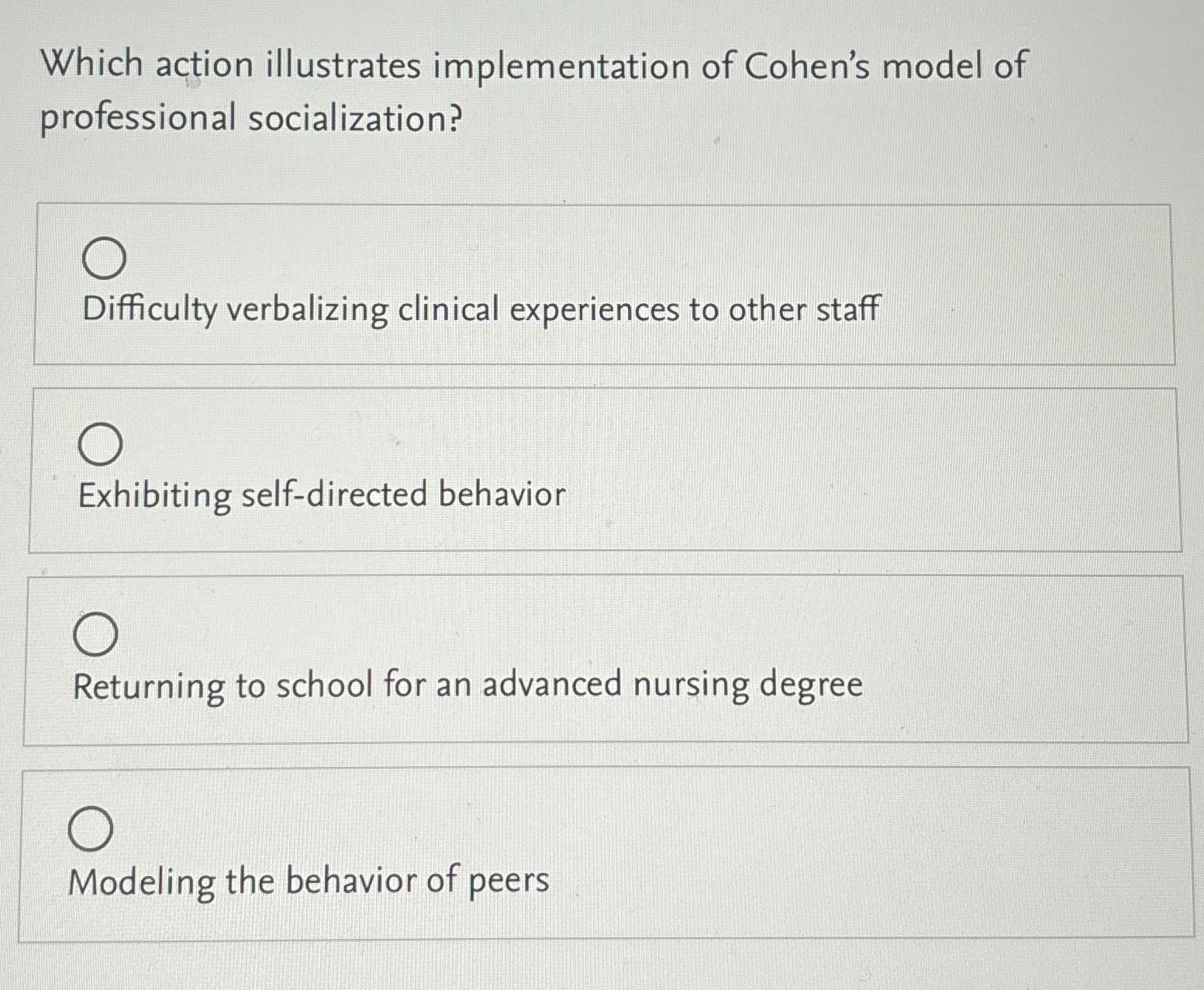 Solved Which action illustrates implementation of Cohen's | Chegg.com