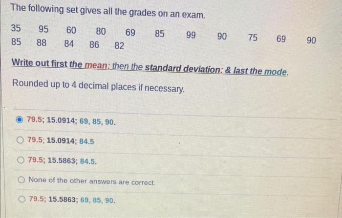 Solved The following set gives all the grades on an exam. | Chegg.com
