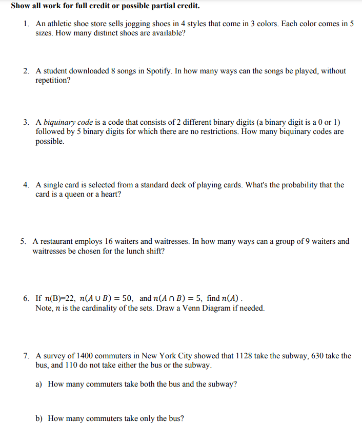 Solved Show all work for full credit or possible partial | Chegg.com