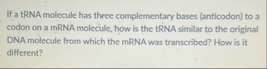 Solved If a tRNA molecule has three complementary bases | Chegg.com