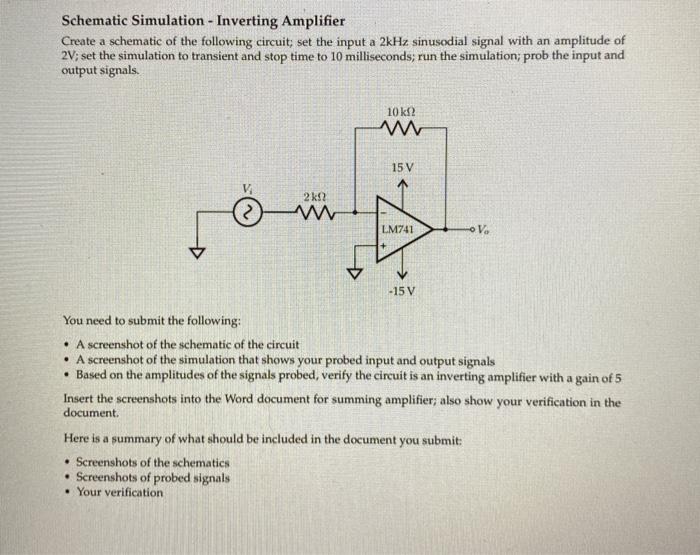 Solved Schematic Simulation - Inverting Amplifier Create a | Chegg.com