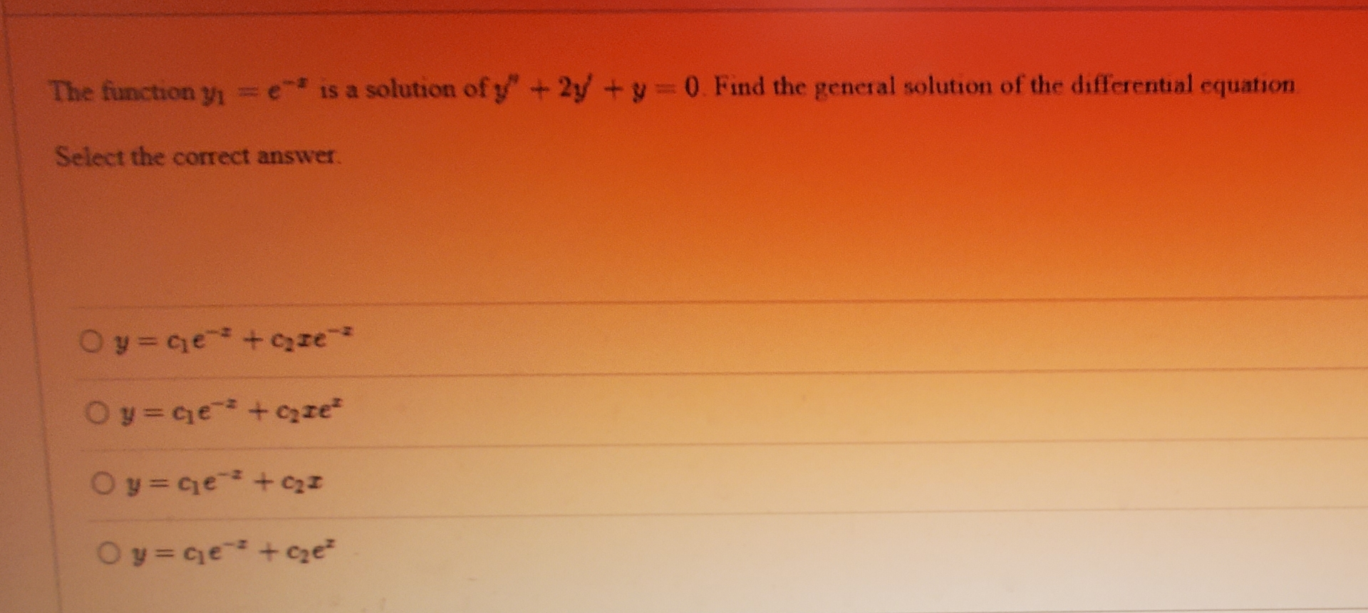 Solved The function y1=e-x ﻿is a solution of y''+2y'+y=0. | Chegg.com