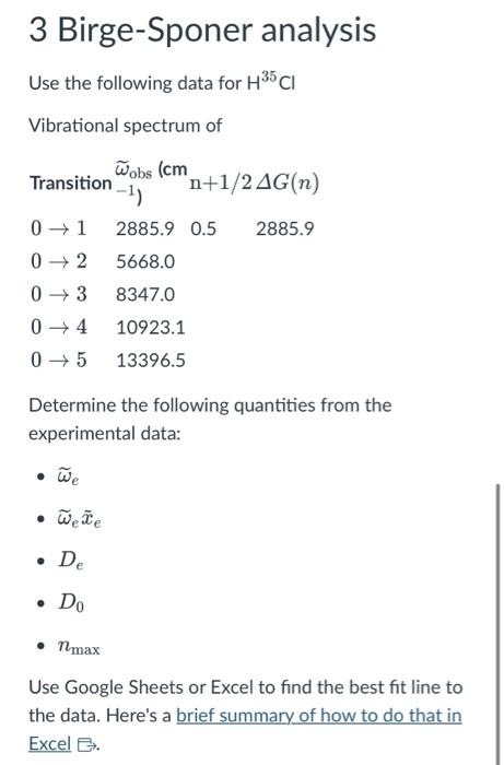 3 Birge-Sponer analysis Use the following data for | Chegg.com