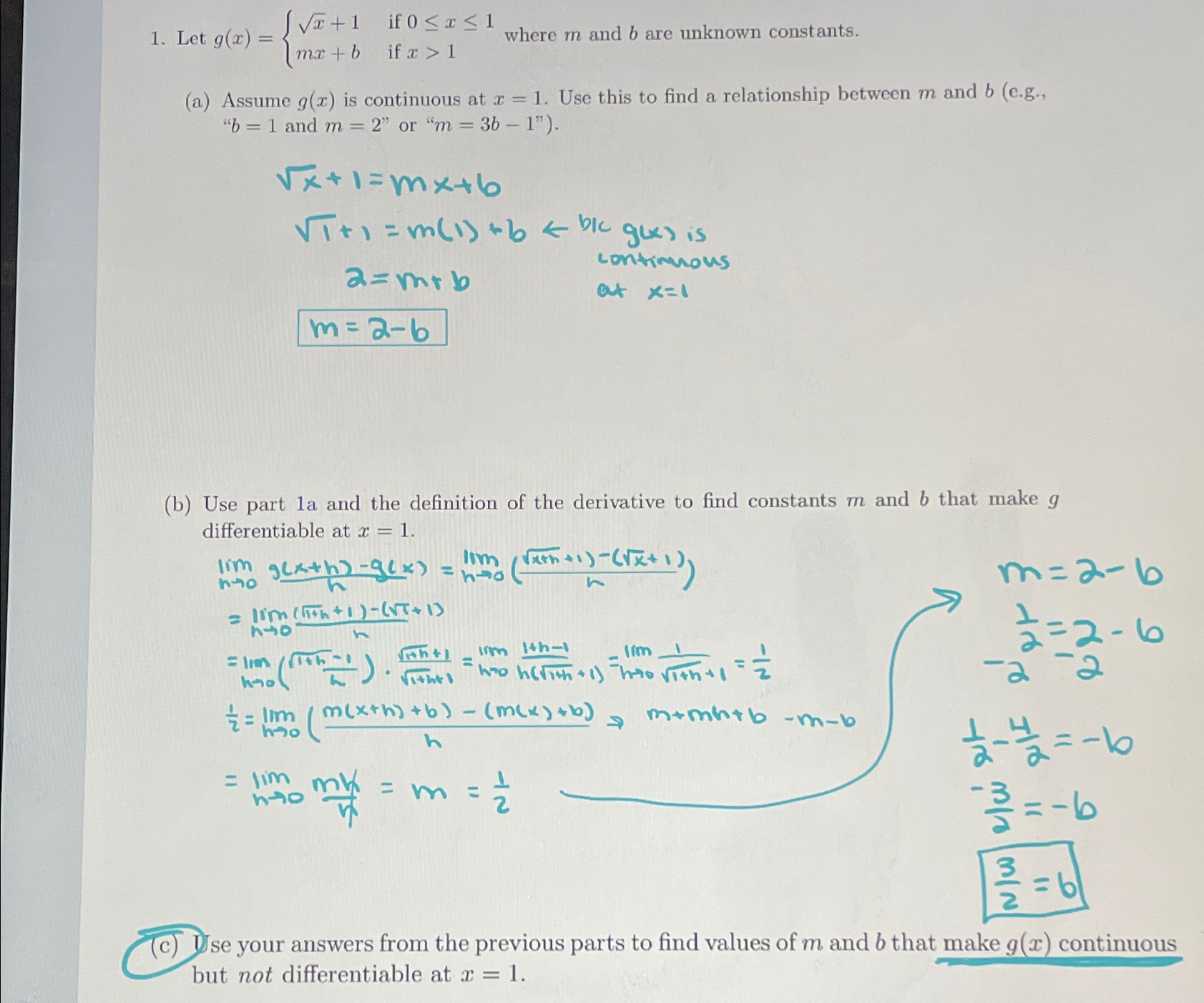 Solved Let g(x)={x2+1 if 0≤x≤1mx+b if x>1 ﻿where m ﻿and b | Chegg.com