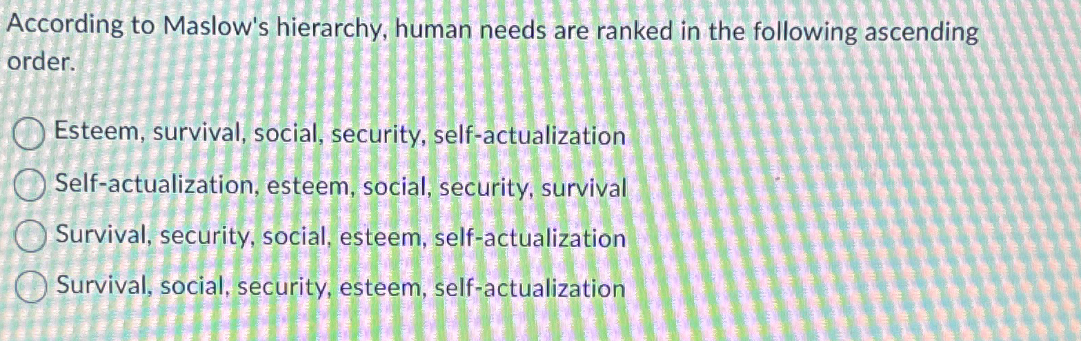 Solved According to Maslow's hierarchy, human needs are | Chegg.com