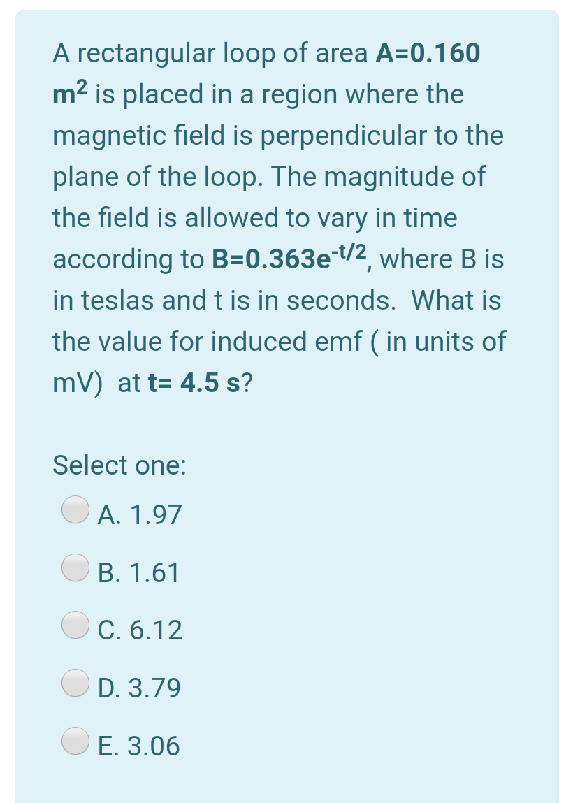 Solved A rectangular loop of area A=0.160 m2 is placed in a | Chegg.com