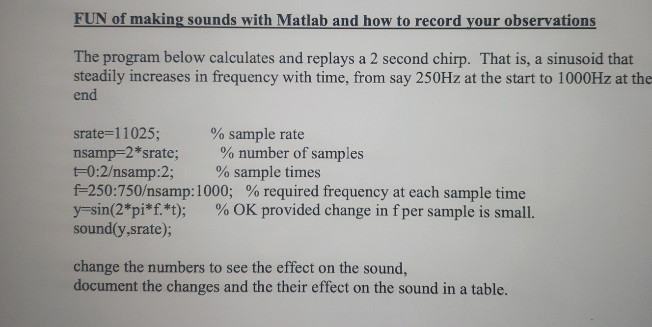 Solved FUN of making sounds with Matlab and how to record | Chegg.com