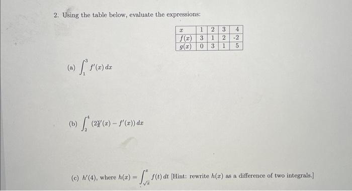 Solved 2. Using the table below, evaluate the expressions: | Chegg.com