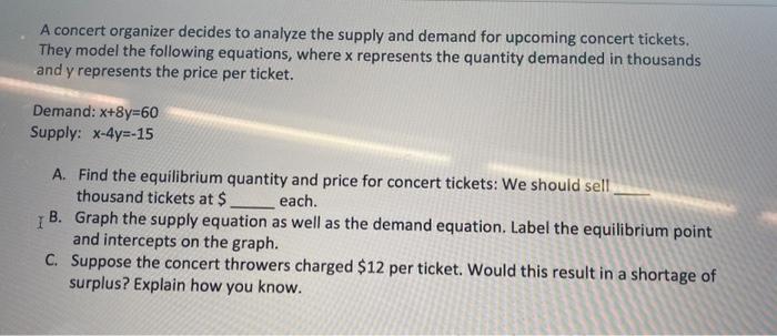 Solved A concert organizer decides to analyze the supply and | Chegg.com