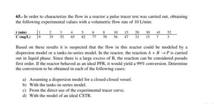 65.- In order to characterize the flow in a reactor a | Chegg.com