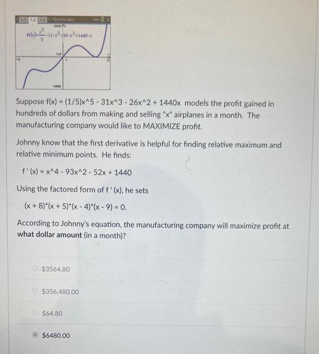Solved Suppose f(x)=(1/5)x∧5−31x∧3−26x∧2+1440x models the | Chegg.com