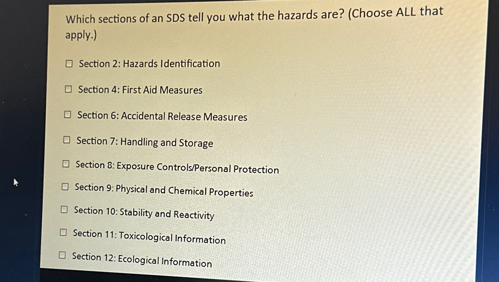 Solved Which sections of an SDS tell you what the hazards | Chegg.com