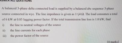 Solved A balanced 3 -phase delta connected load is supplied | Chegg.com