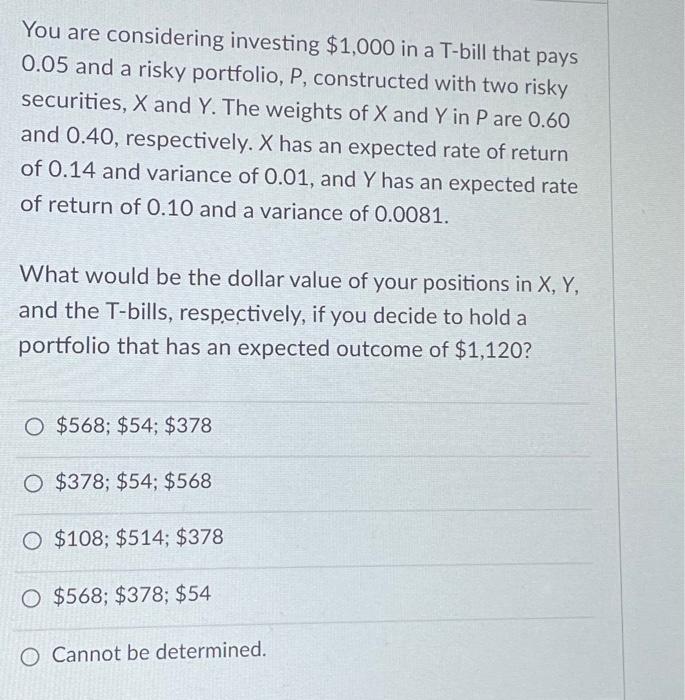 Solved 0.05 and a risky portfolio, P, constructed with two | Chegg.com