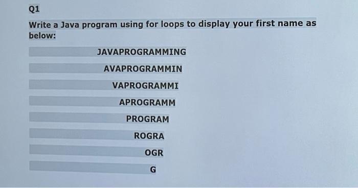 Solved Q1 Write a Java program using for loops to display | Chegg.com