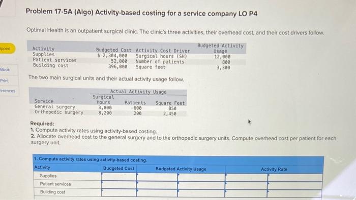 Solved Problem 17-5A (Algo) Activity-based costing for a | Chegg.com