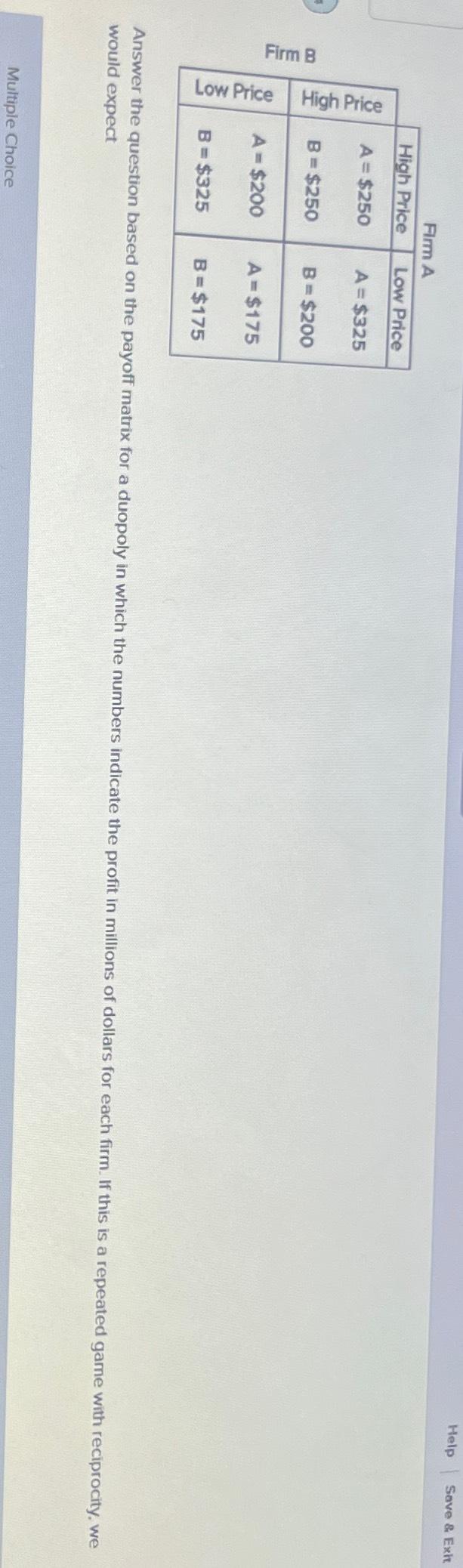 \table[[,Firm A,],[,,High Price,Low | Chegg.com