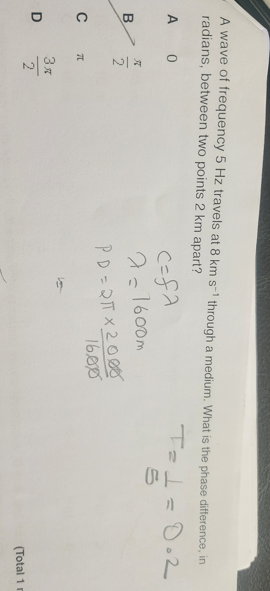 Solved A wave of frequency 5Hz ﻿travels at 8kms-1 ﻿through a | Chegg.com