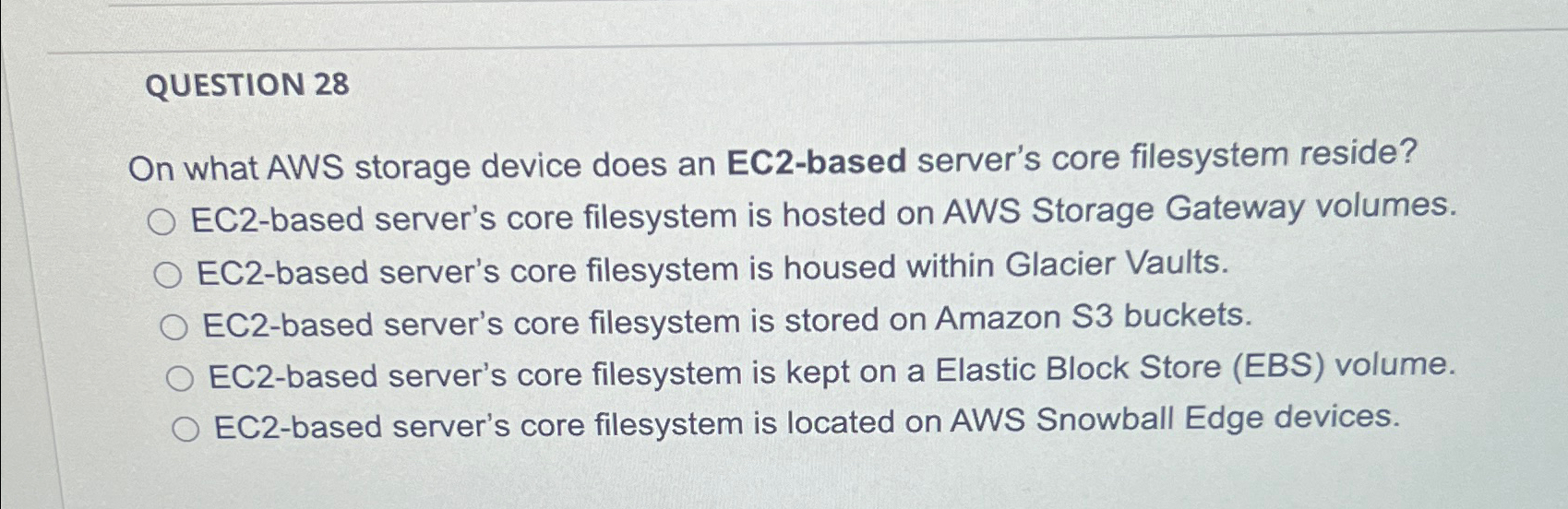 Solved QUESTION 28On what AWS storage device does an | Chegg.com