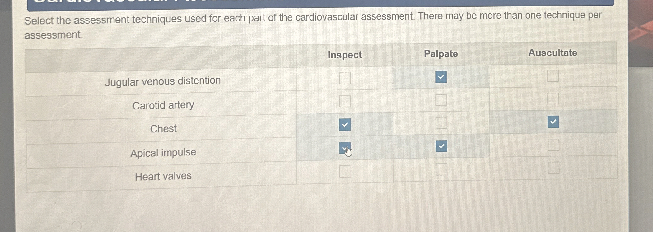Solved Select the assessment techniques used for each part | Chegg.com