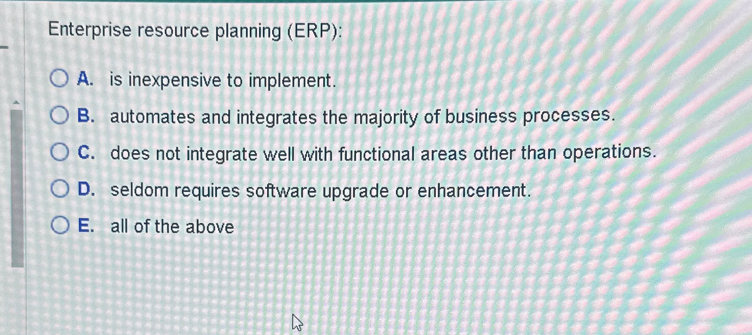 Solved Enterprise resource planning (ERP):A. ﻿is inexpensive | Chegg.com
