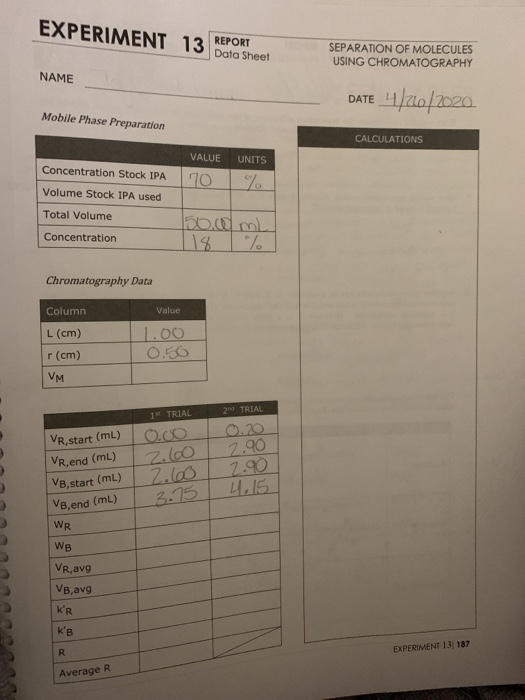 EXPERIMENT 13 REPORT NN 10 Data Sheet SEPARATION OF | Chegg.com