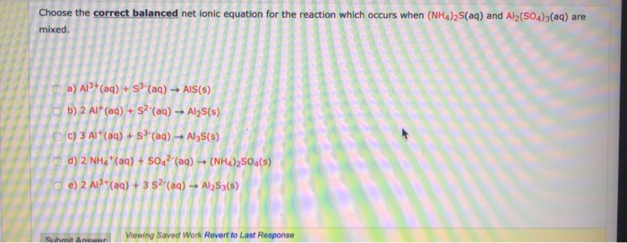 Solved Choose the correct balanced net ionic equation for | Chegg.com