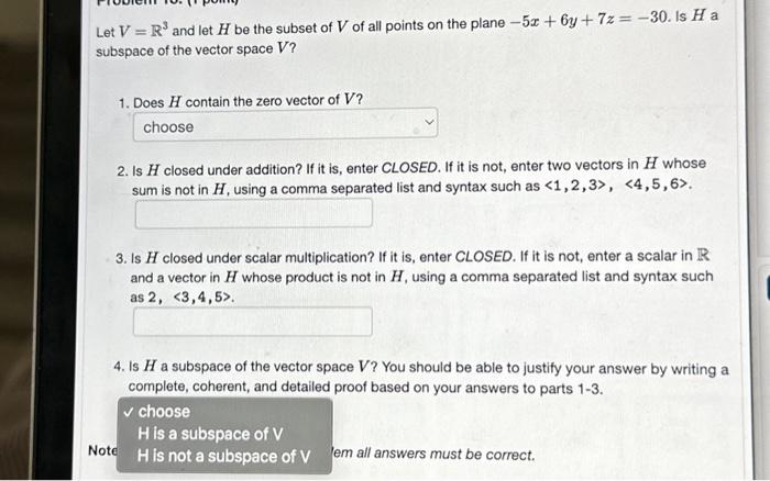 Solved Let V=R3 and let H be the subset of V of all points | Chegg.com