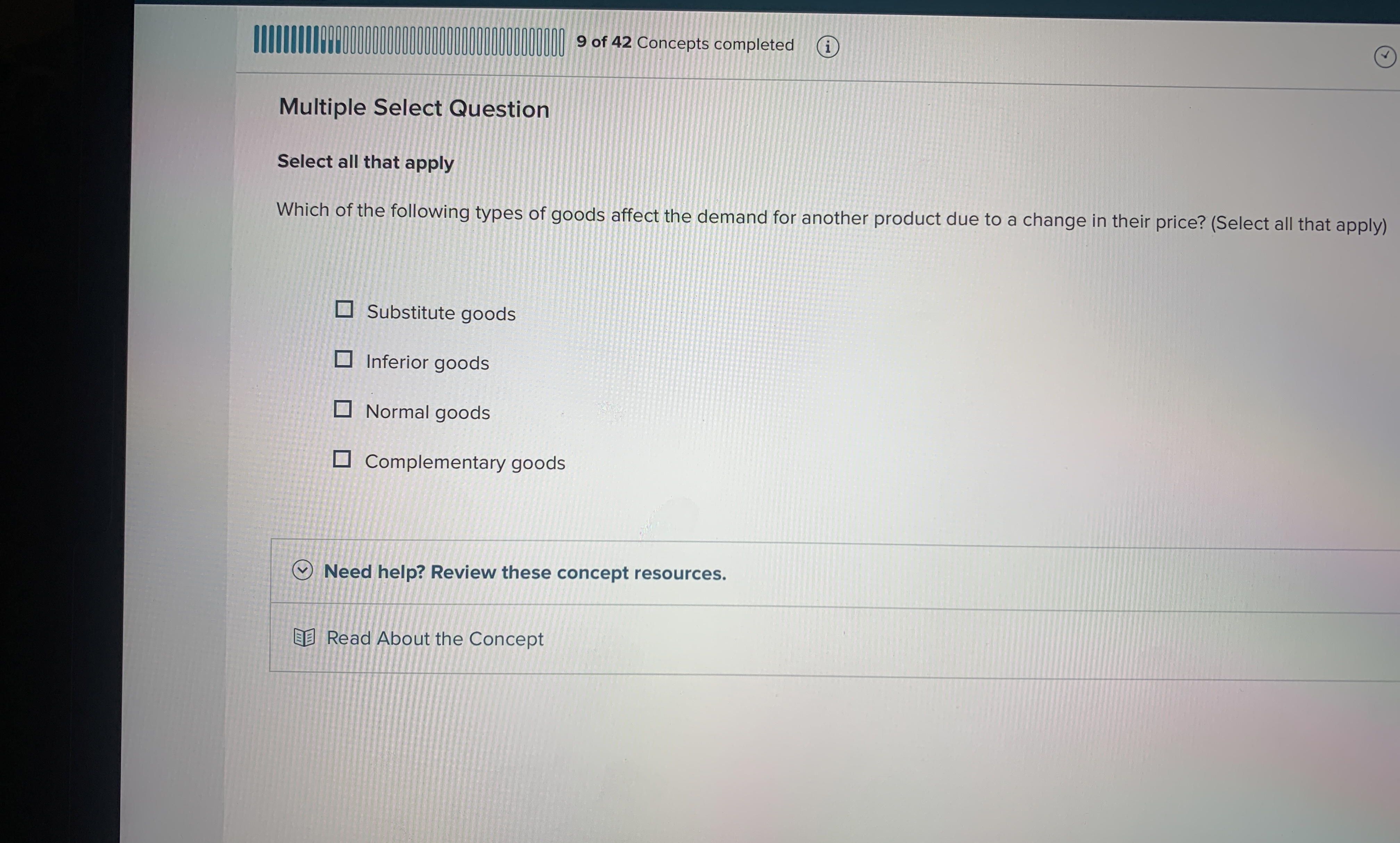 Solved 9 ﻿of 42 ﻿Concepts completedMultiple Select | Chegg.com